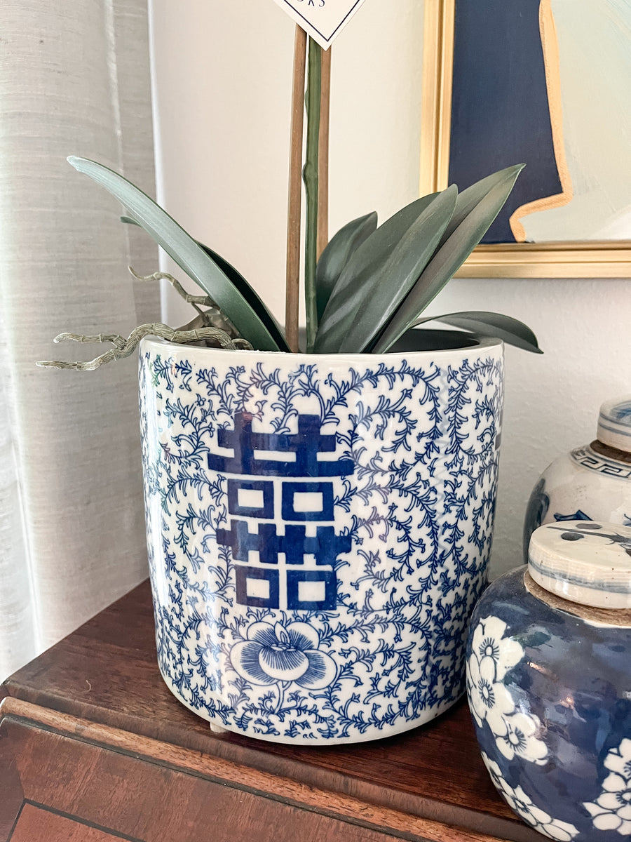 Antique-Style Blue and White Cache Pot with Double Happiness Pattern ...