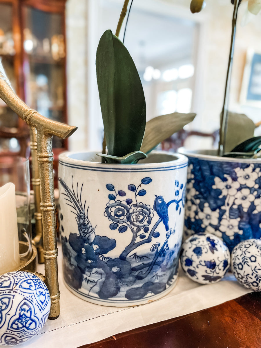 Antique-Style Blue & White Bird and Floral Cachepot, 8” – Collectible ...