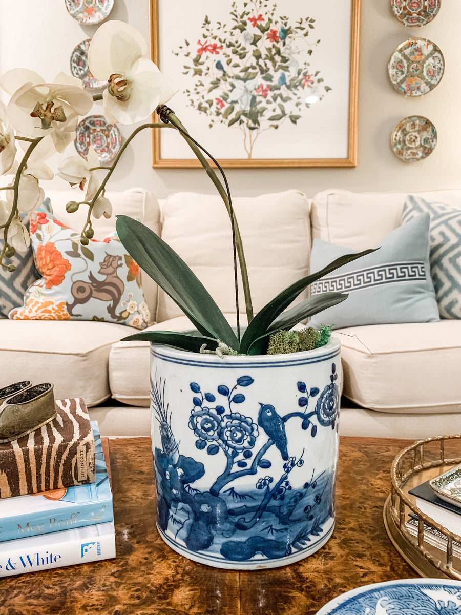 Antique-Style Blue & White Bird and Floral Cachepot, 8” – Collectible ...